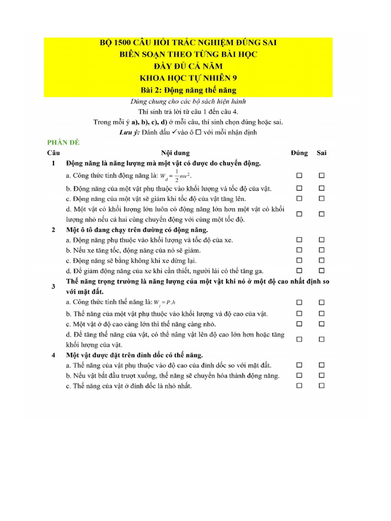 Bo 1500 Cau Hoi Trac Nghiem Dung Sai Theo Tung Bai Hoc KHTN 9 | PDF