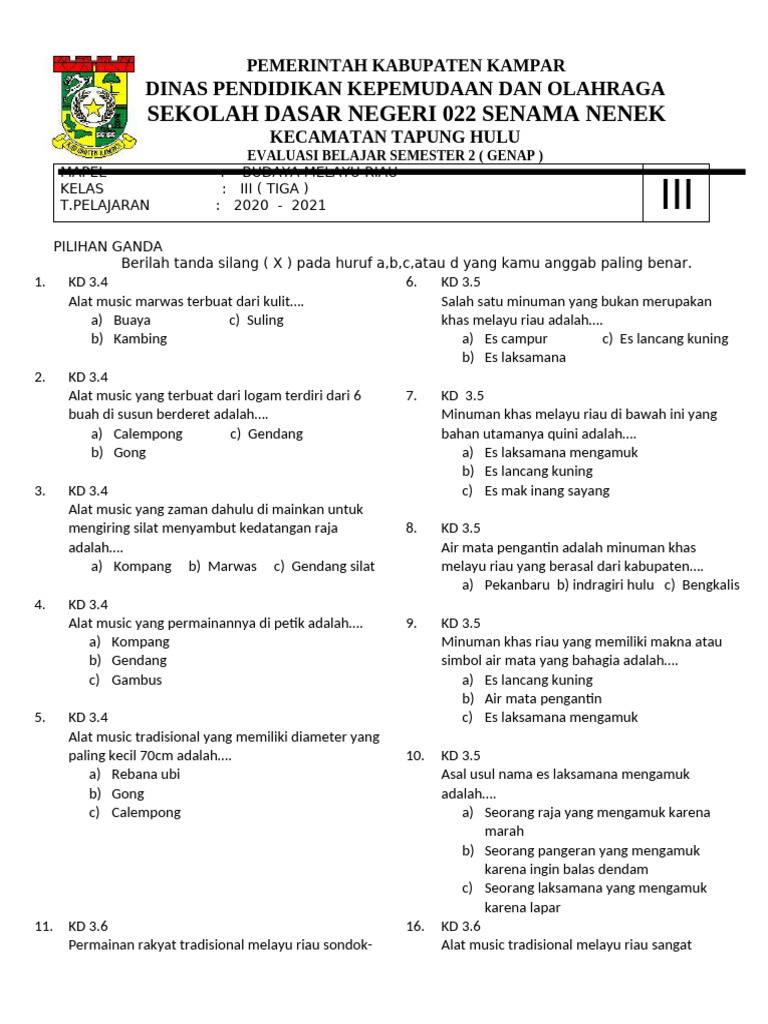 Soal BMR Kls 3 SMTR 2 | PDF