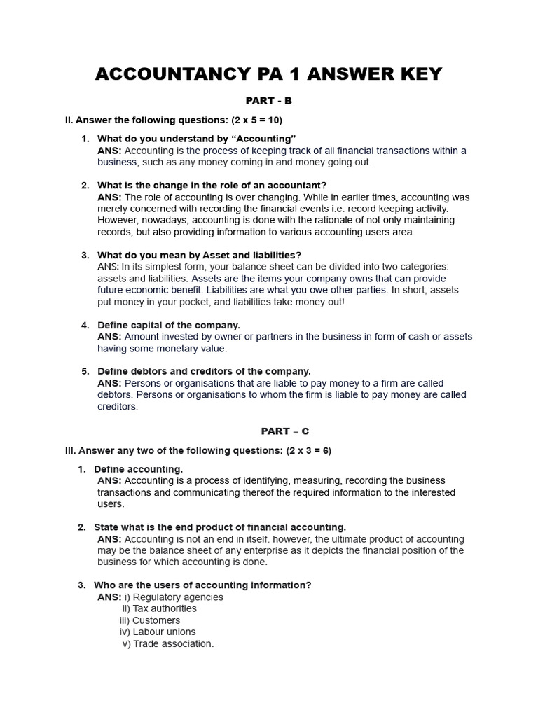 Accountancy Pa 1 Answer Key | PDF | Expense | Revenue