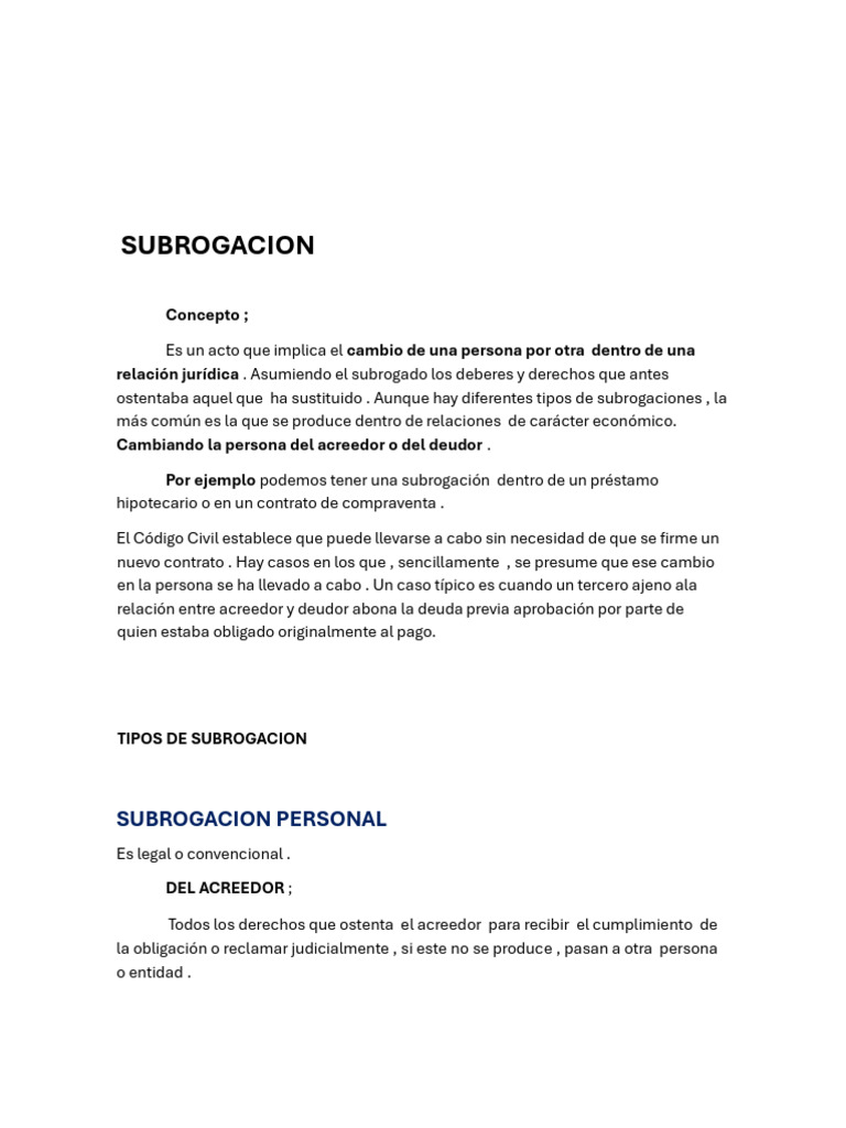 Tipos y Efectos de la Subrogación | PDF | Subrogación | Pagos