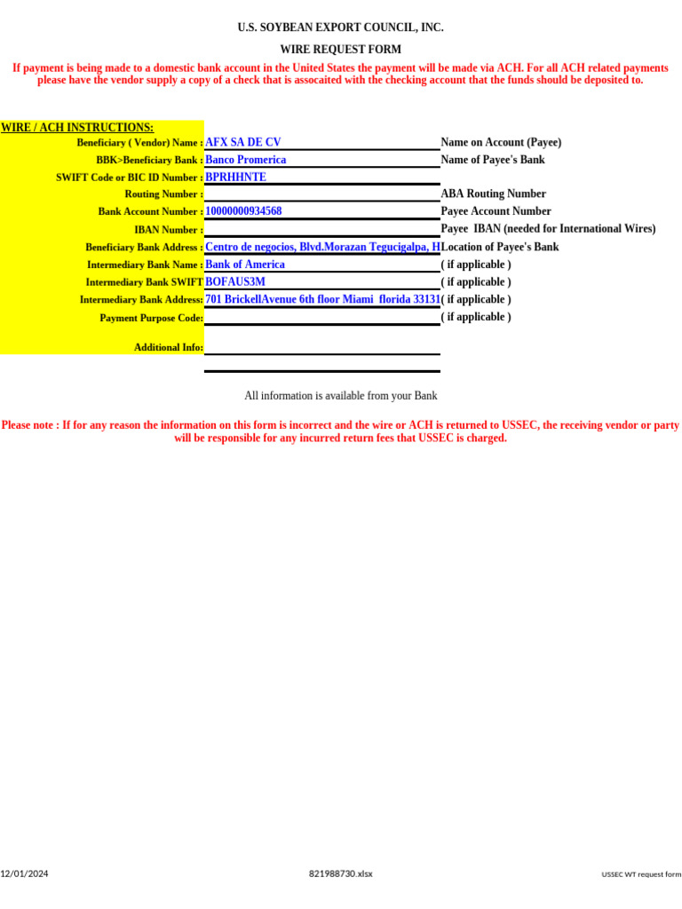 Wire - Banking Info Form | PDF