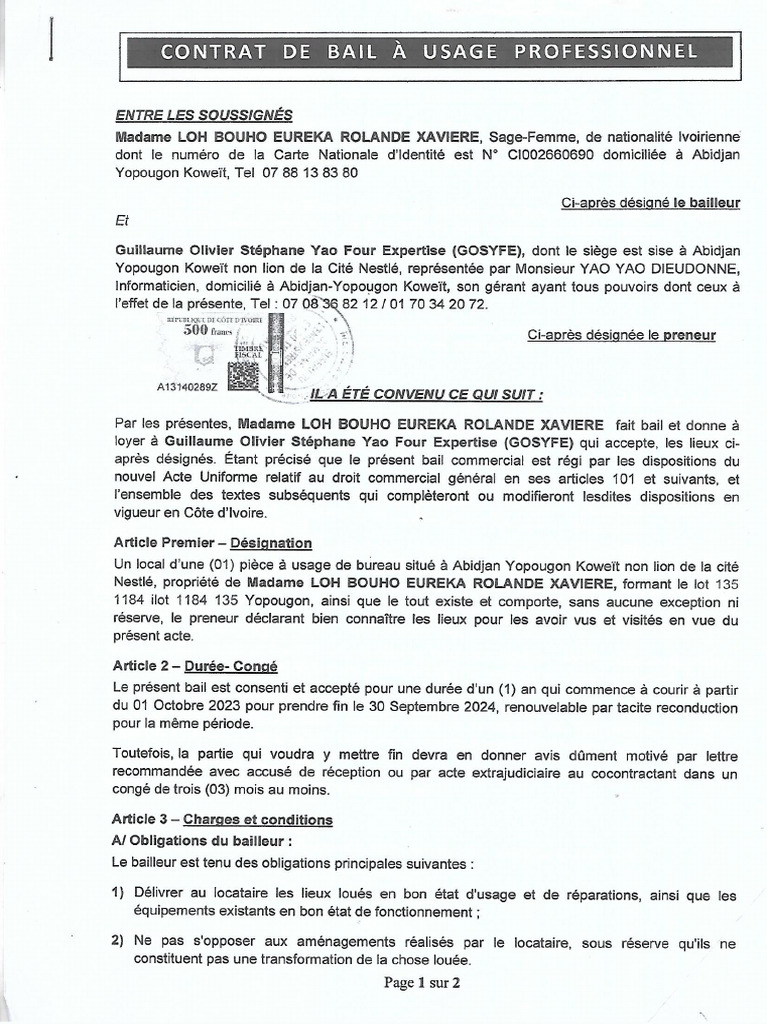 Contrat de Bail A Usage Professionnel | PDF
