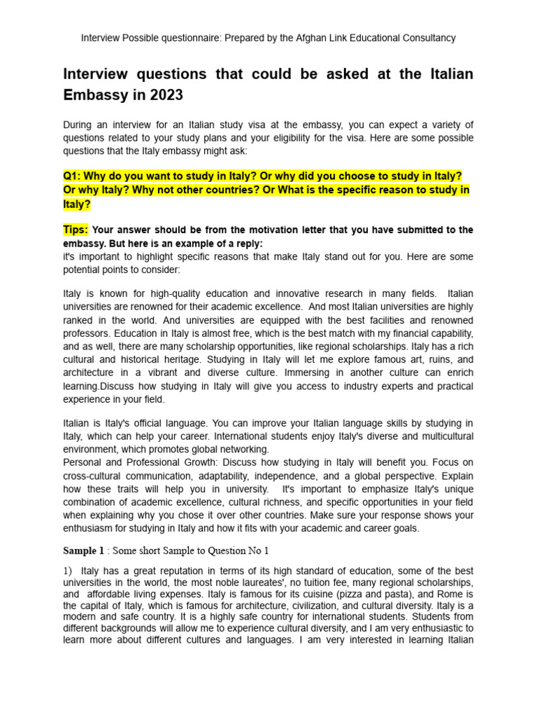 Italy Student Visa Interview Guide 2023 | PDF | Cost Of Living | Italy