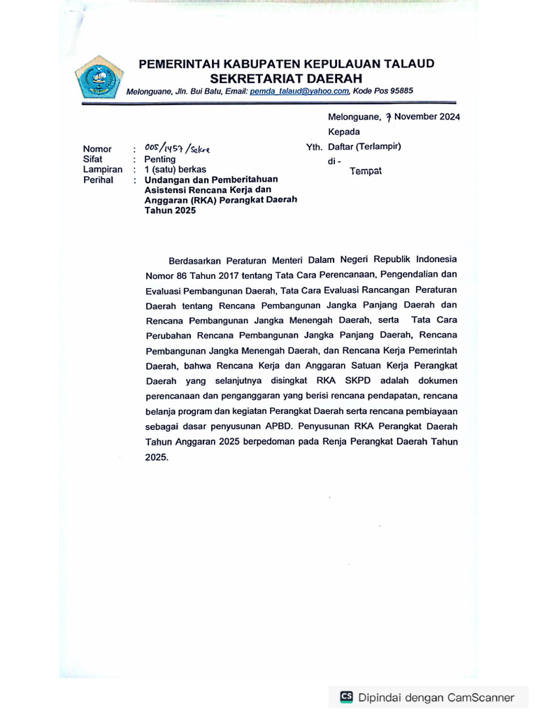 Sudah TTD - Surat Undangan Fan Pemberitahua. Asistensu Rka Perangkat Daerah Tahun 2025 | PDF