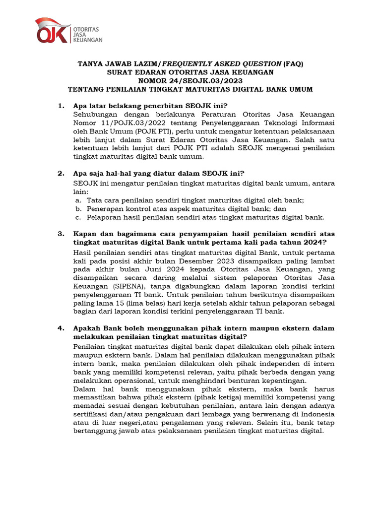 FAQ SEOJK 24-SEOJK.03-2023. Penilaian Tingkat Maturitas Digital Bank ...