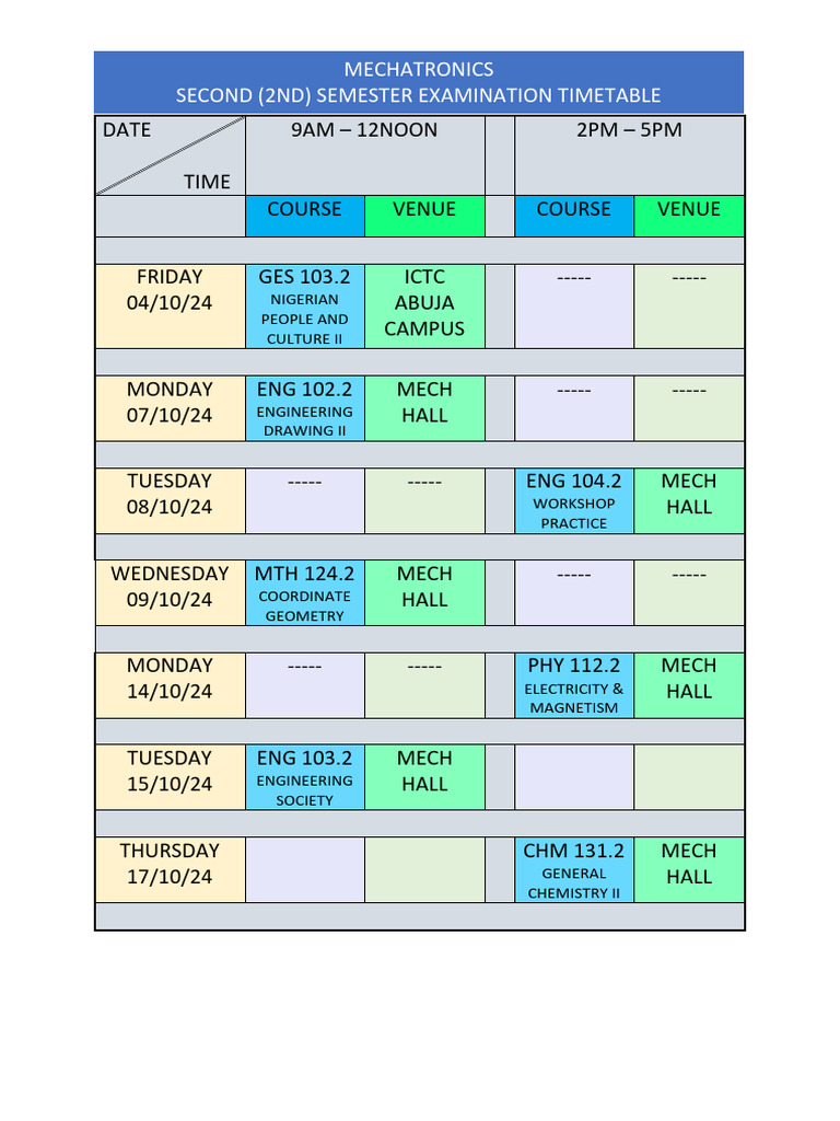 2ND Semester Examination Timetable | PDF
