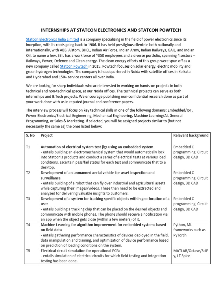Engineering Internships at Statcon | PDF | Mobile App | Embedded System