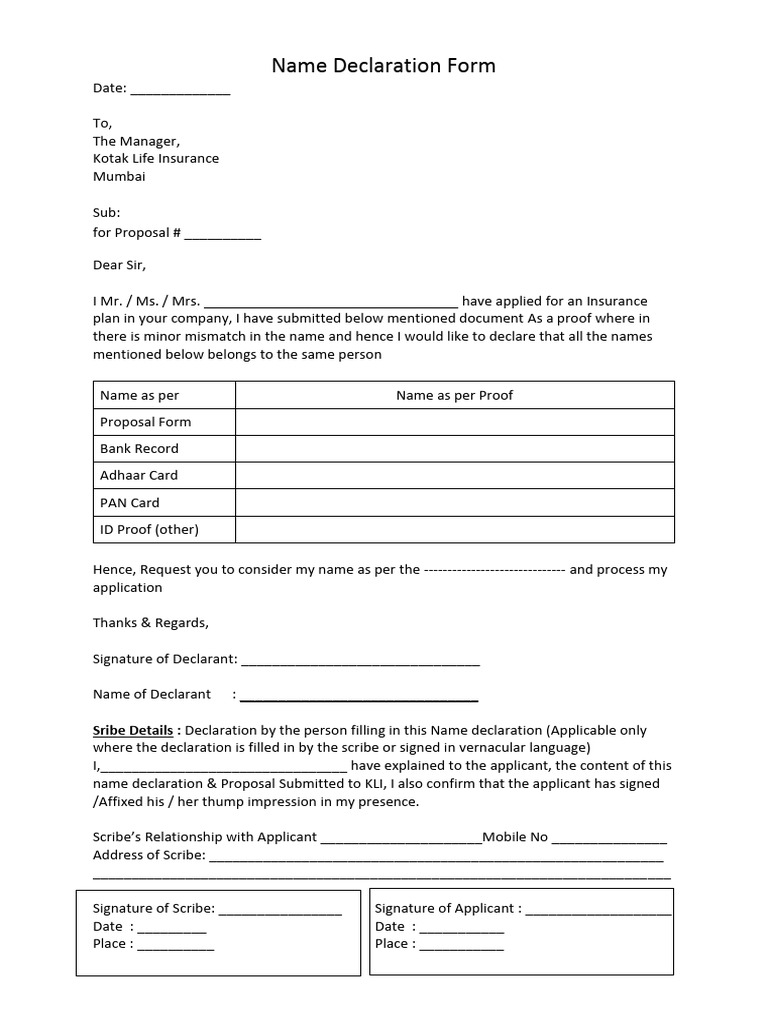 Name Declaration Form for Kotak Life | PDF