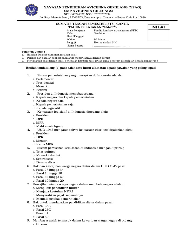 Soal PKN Kelas 9 | PDF