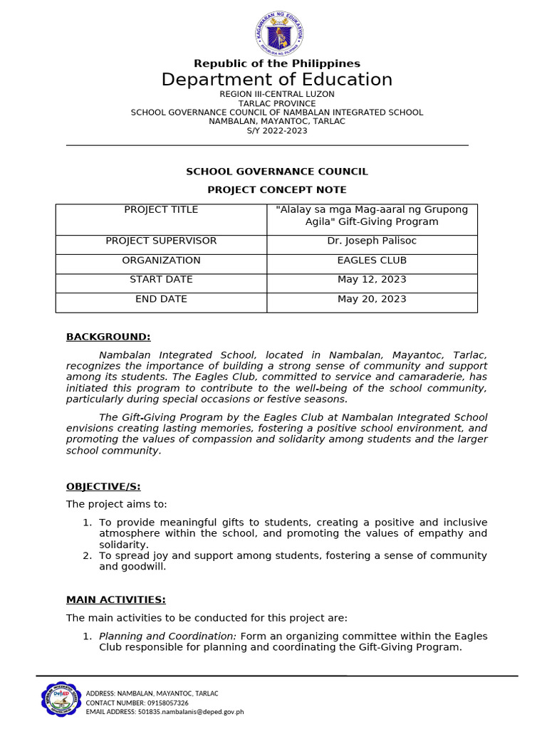 (SGC) Concept Note - Eagles | PDF | Gift | Teachers