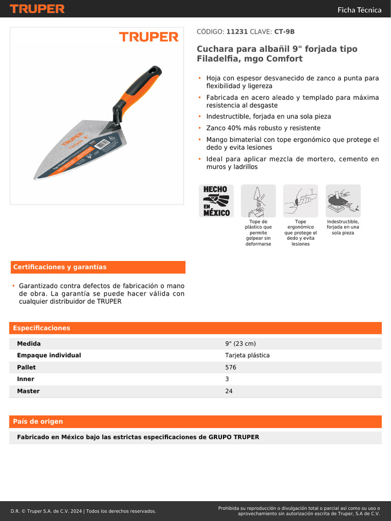 Cuchara para Albañil 9" Forjada Tipo Filadelfia, Mgo Comfort: CÓDIGO ...