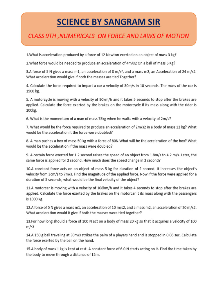 Class 9 Numericals on Force & Motion | PDF | Force | Mass