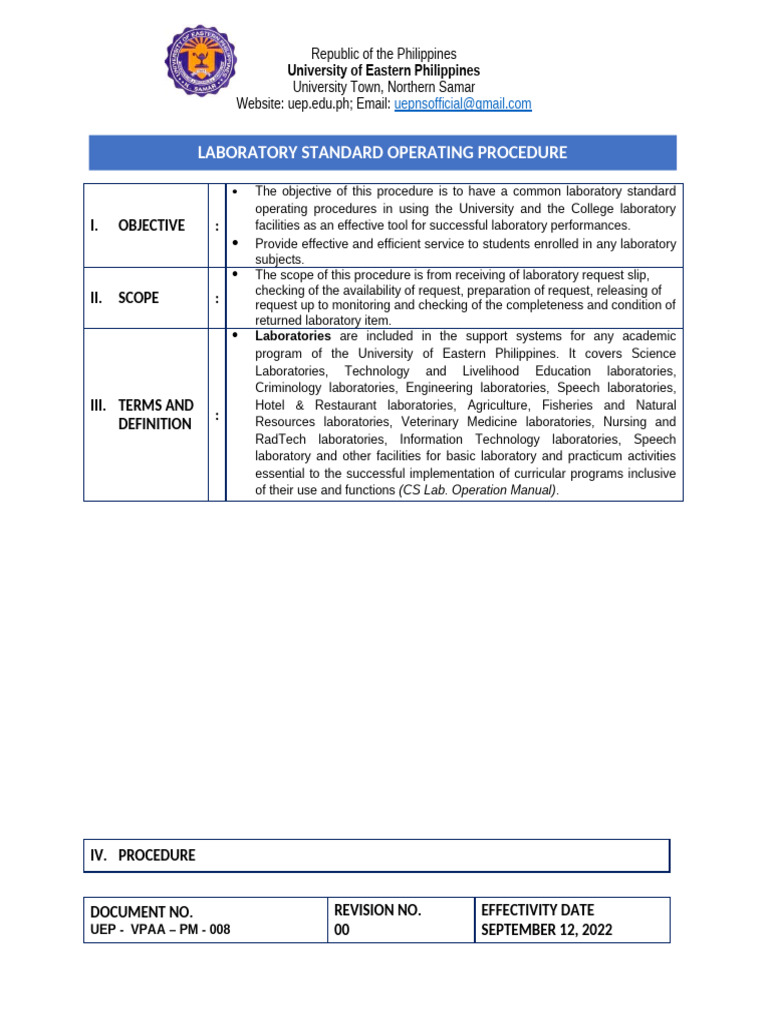UEP-VPAA-PM-008 Laboratory Standard Operating Procedure | PDF | Laboratories