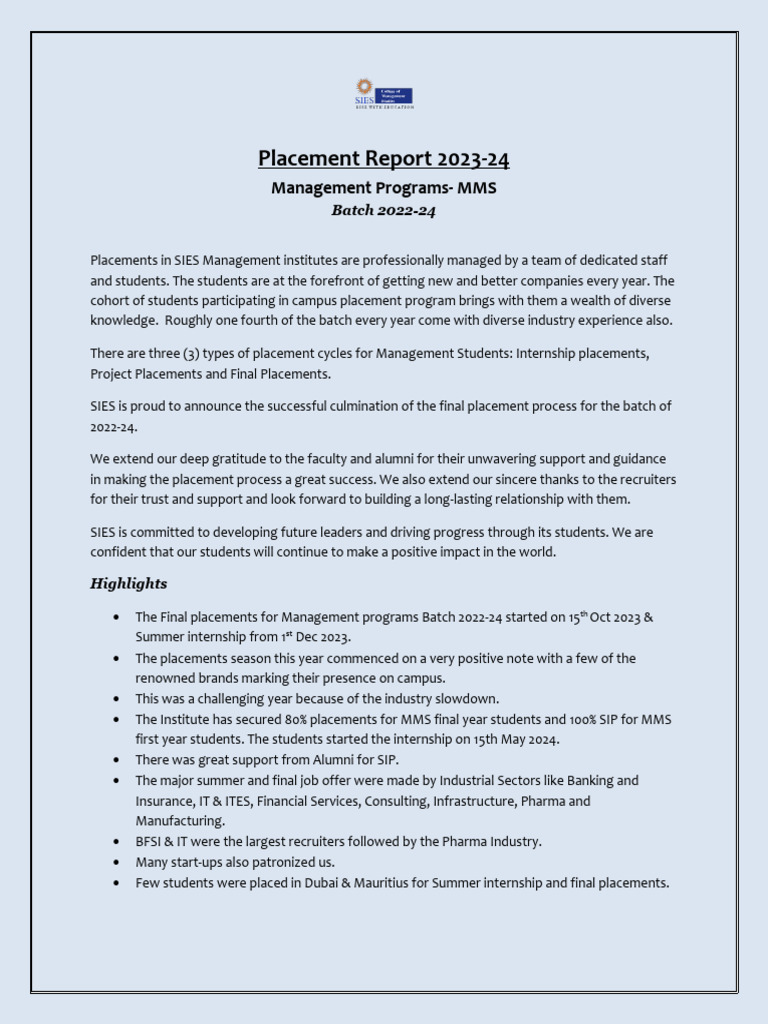 Placement Report 2023-24 SIESCOMS | PDF