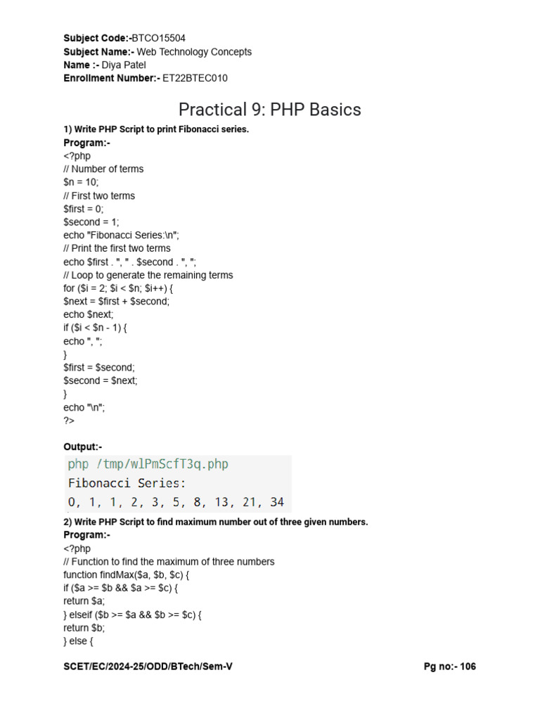 ET22BTEC010 - Diya Patel - Practical 9 - PHP Basics | PDF | Matrix (Mathematics) | Mathematical ...