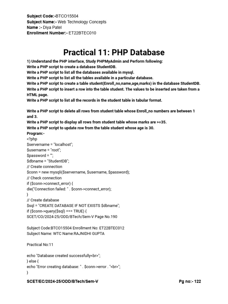 ET22BTEC010 - Diya Patel - Practical 11 - PHP Database | PDF | Php | Databases