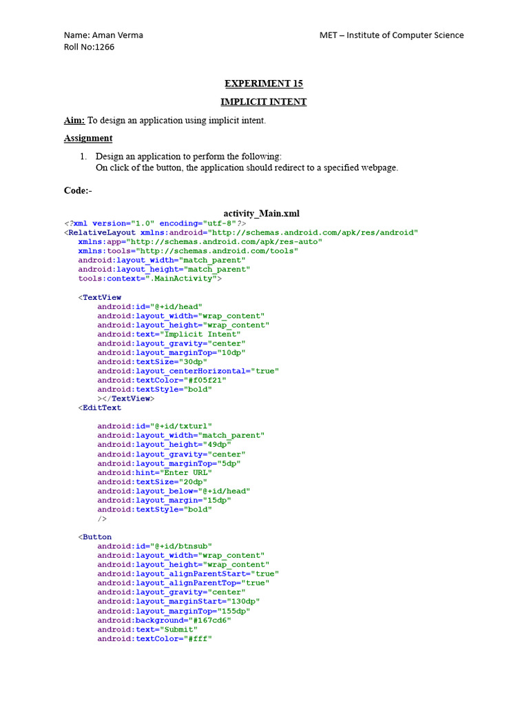 LAB 15 Implicit Intent | PDF | Computer Science | Software Engineering
