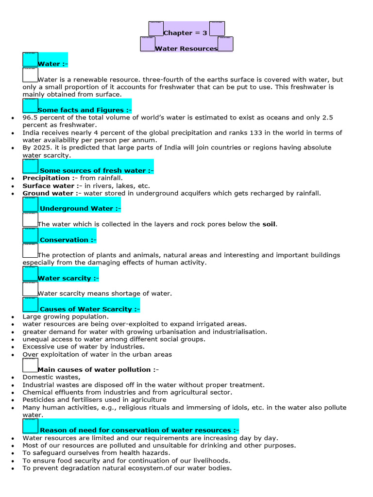 Notes Geography Chapter 3 Water Resources | PDF | Water | Fresh Water
