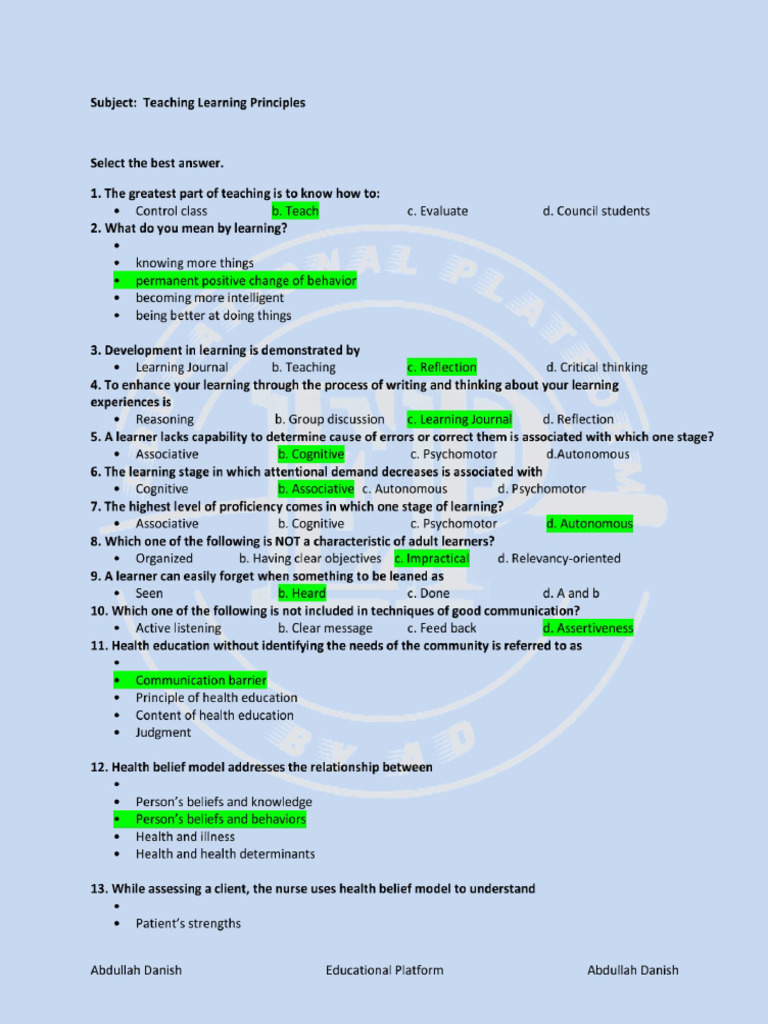 Teaching Learning Principle 5th Semester BSN MCQS, Educational Platform ...