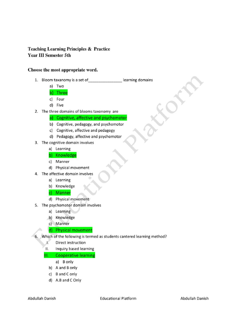 Teaching Learning Principle 5th Semester BSN Mcqs With Key, Educational Platform | PDF