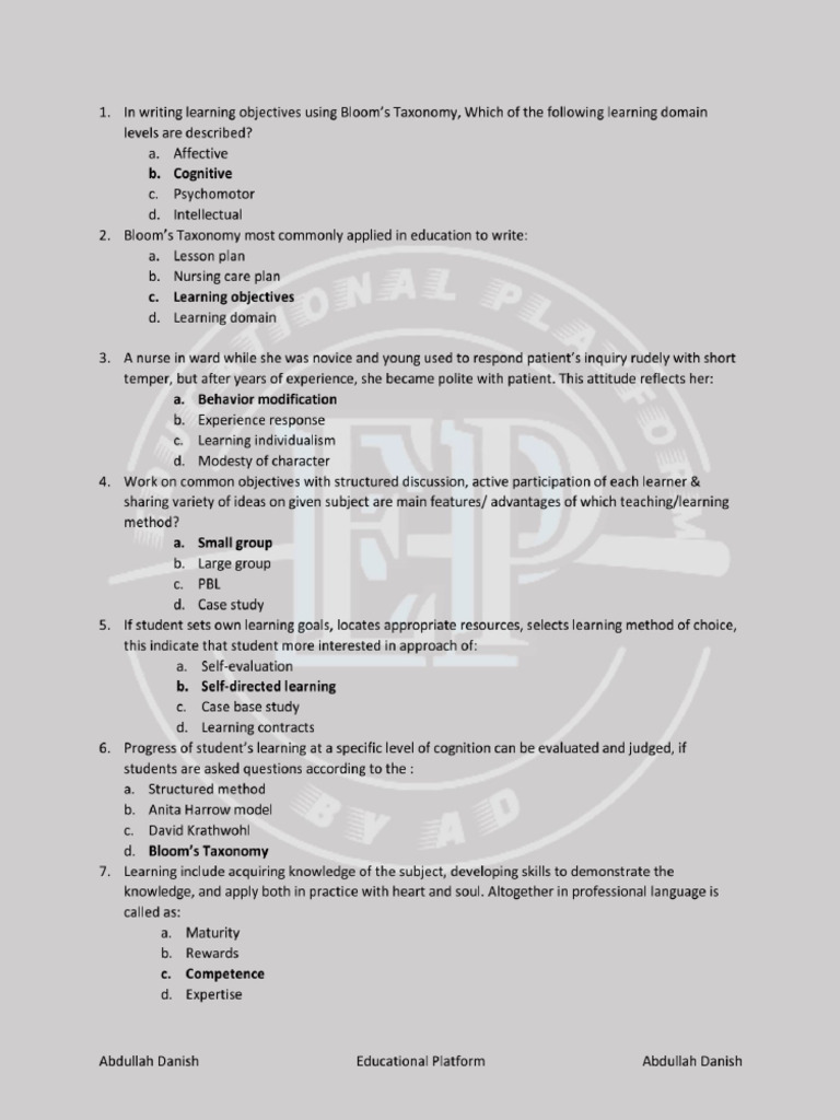 Teaching Learning Principle 5th Semester BSN MCQS, Educational Platform | PDF