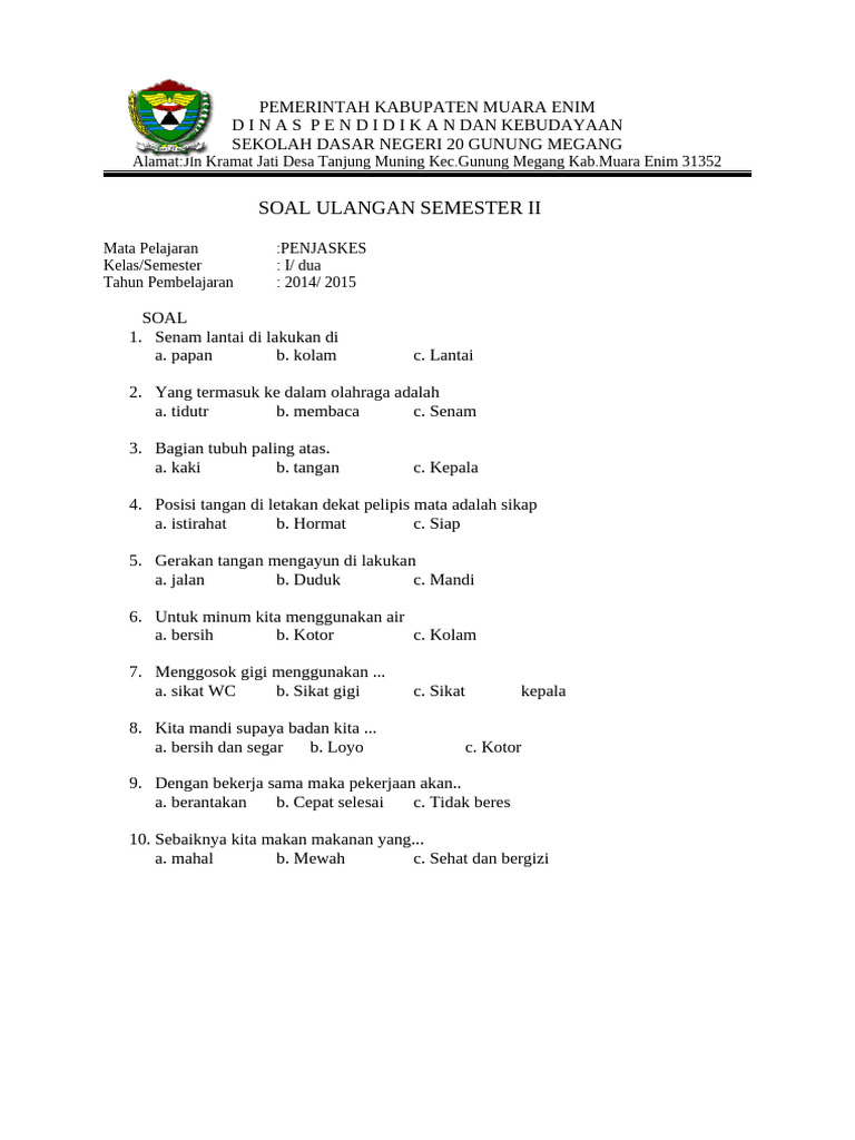 Soal Penjas Kls 1 Dan 2 .SMTR 2 | PDF