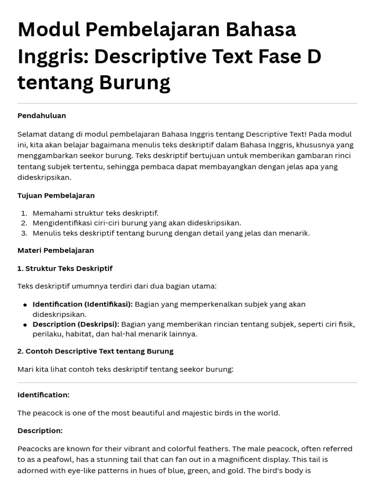 Modul Pembelajaran Bahasa Inggris Descriptive Text Fase D Tentang Burung (2) - Compressed | PDF