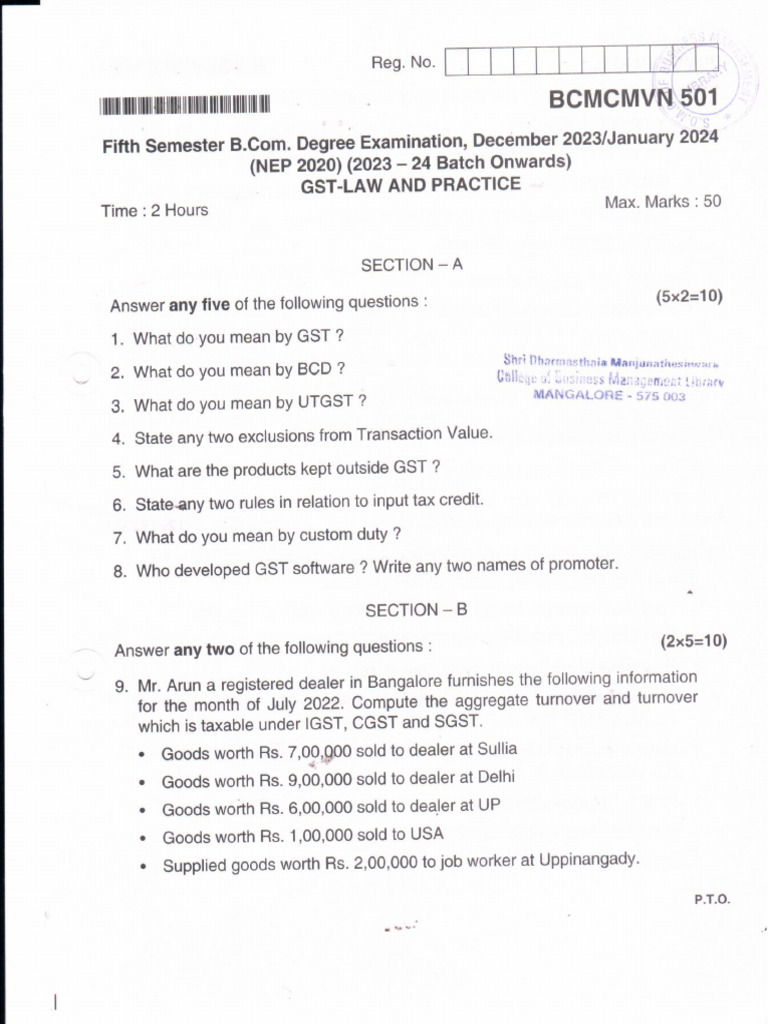 BCOM V Semester GST-Law Practice NEP Jan 2024 | PDF