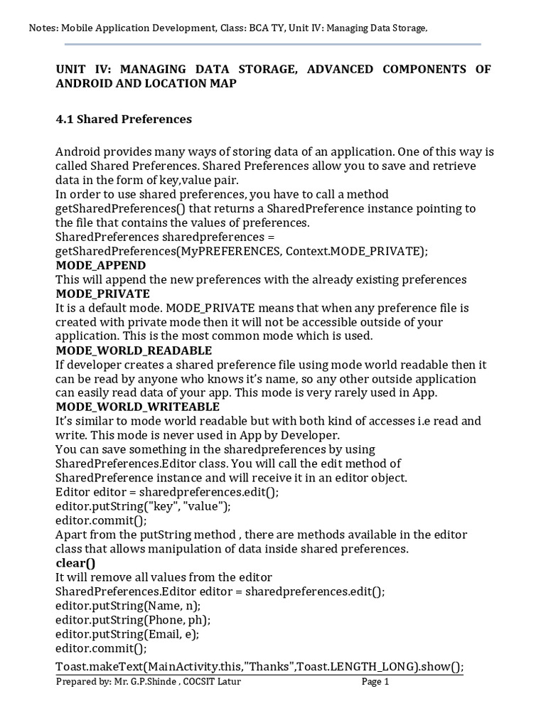 BCA TY Mobile Application Development UNIT IV Managing Data Storage | PDF | Computer File ...
