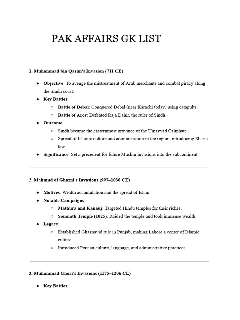 Pak Affairs GK List | PDF | Partition Of India | British Raj