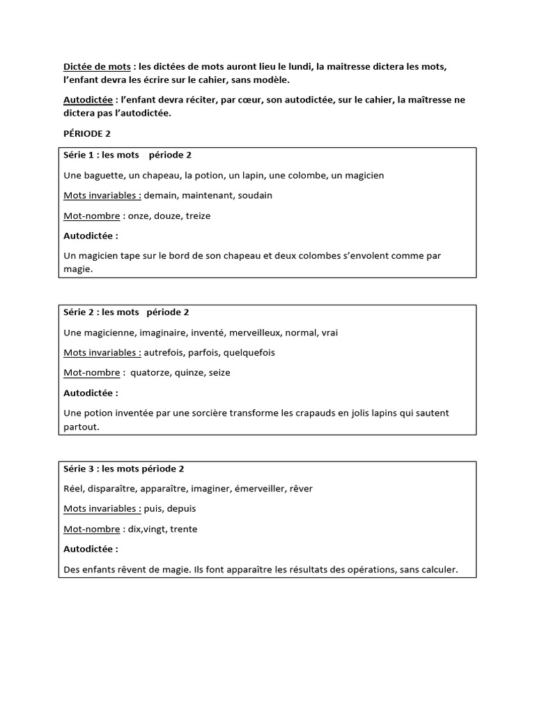 Dictées CE2 Période 2: Mots et Autodictées | PDF