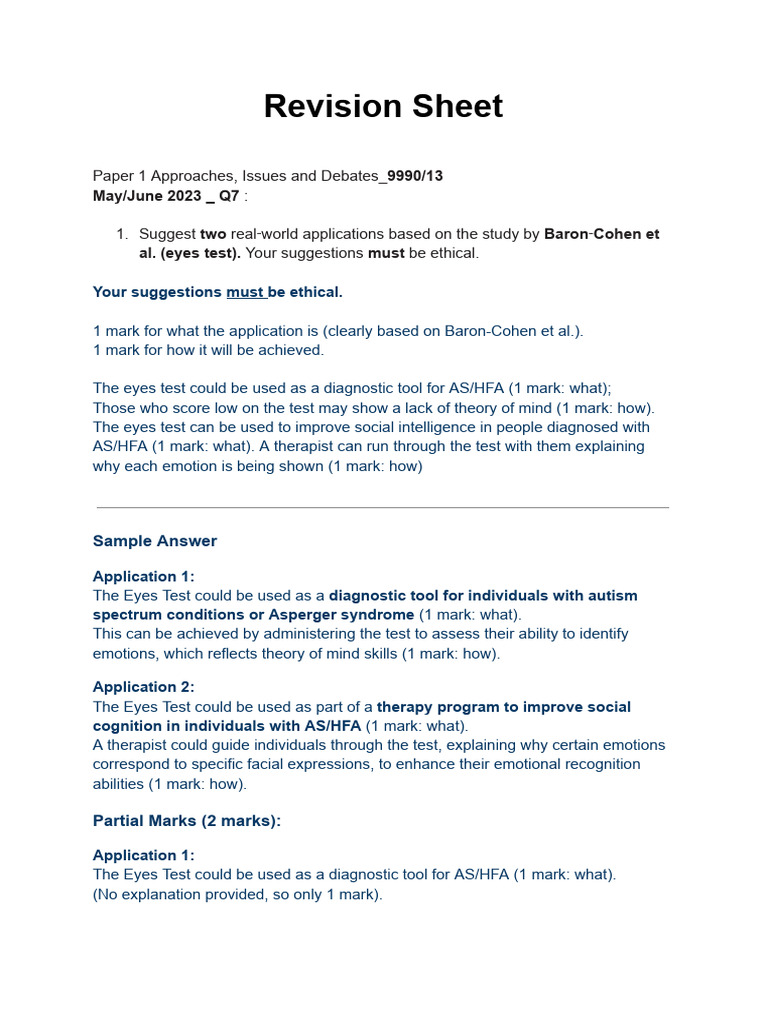 Correction de Past-Papers - Revision Sheet | PDF | Autism Spectrum ...