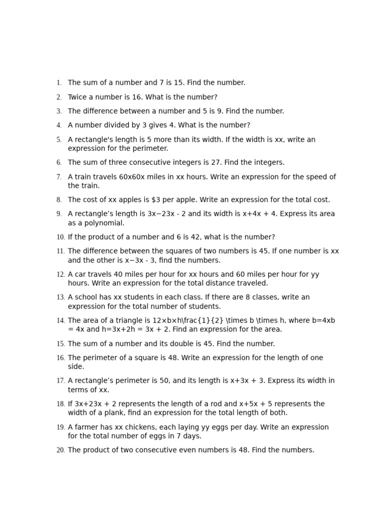 Algebra Word Problems | PDF