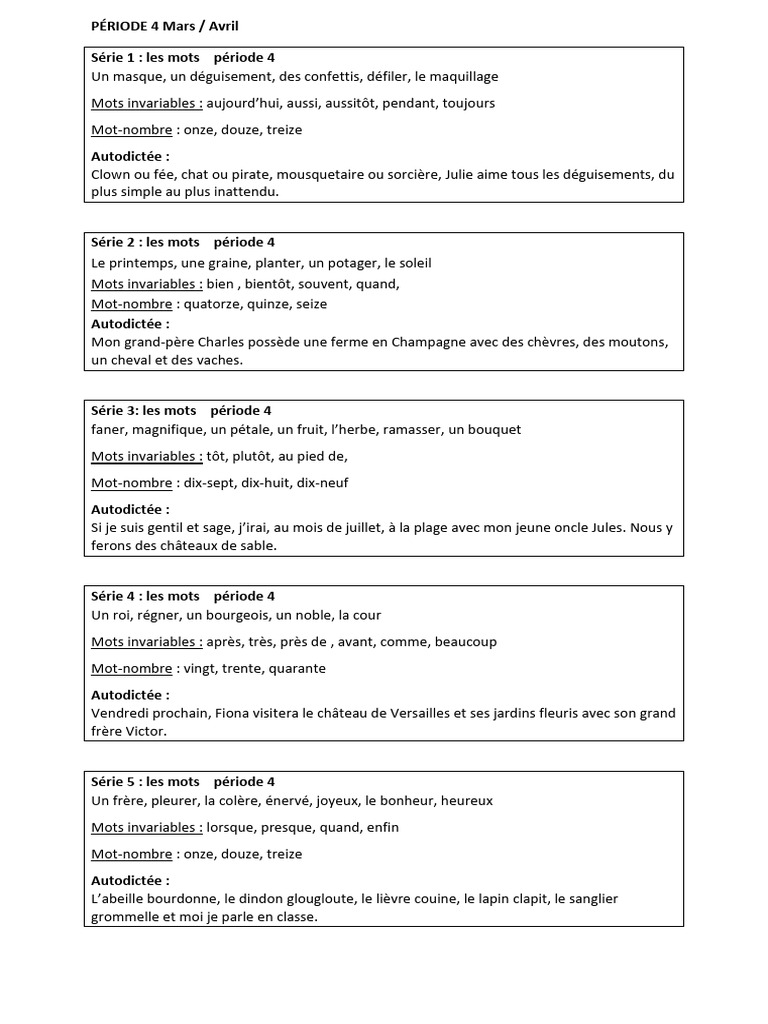 Dictée CP Période 4: Mots et Autodictées | PDF