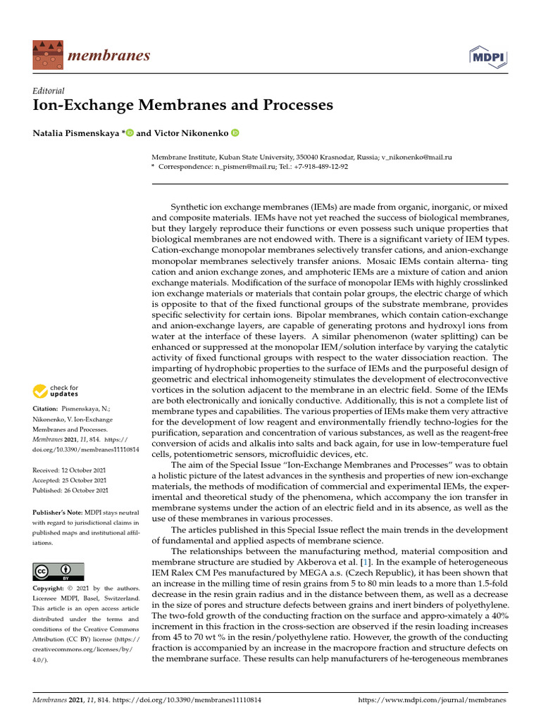 Membranes 11 00814 | PDF | Acid | Ion Exchange