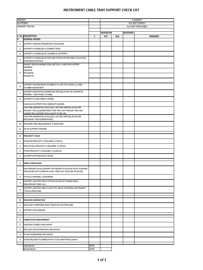 Instrument Cable Tray Support Checklist | PDF