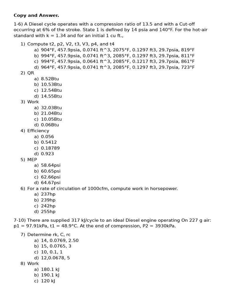 Diesel Cycle Analysis and Calculations | PDF