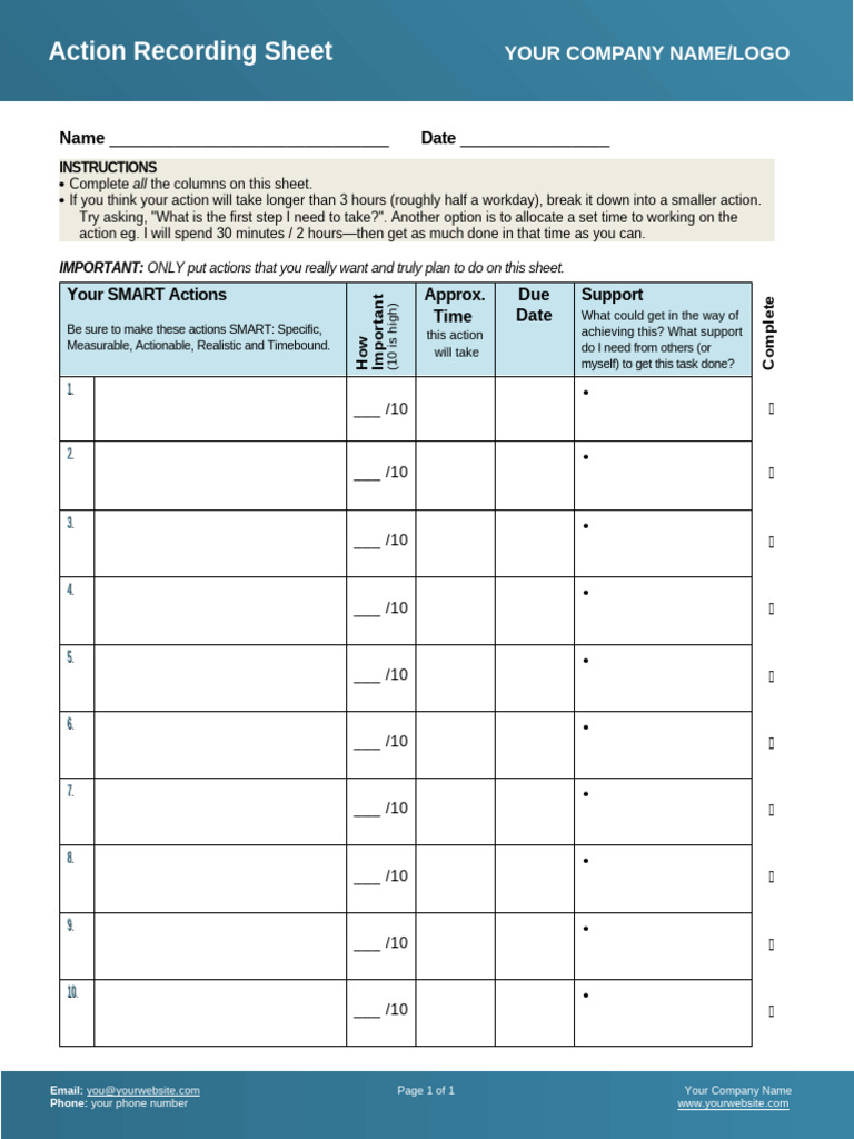 Client Action Sheet TEMPLATE NEW | PDF