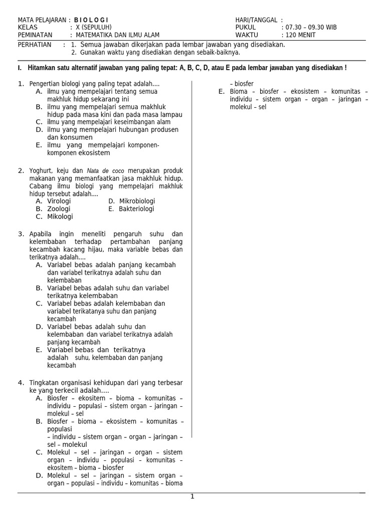 Soal Pas Biologi Kelas X | PDF