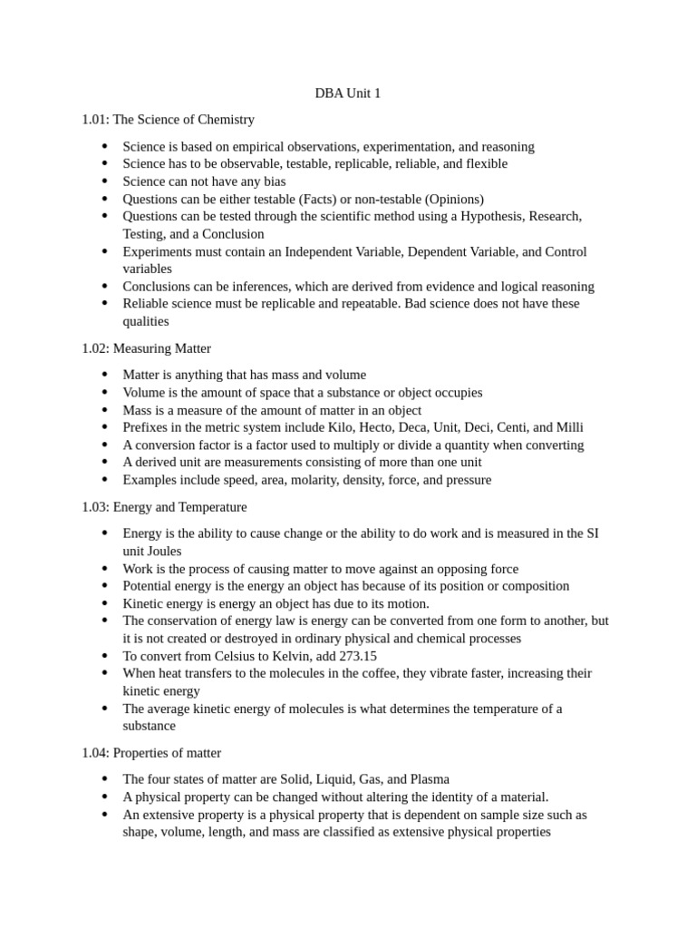 Unit 1 Studyguide (DBA) | PDF | Mixture | Chemical Substances