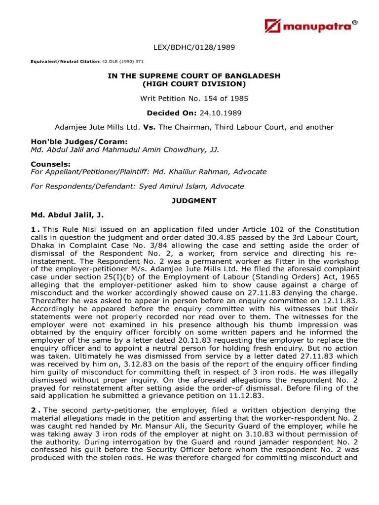 Adamjee Jute Mills LTD Vs The Chairman Third Labou 241113 105805 | PDF ...