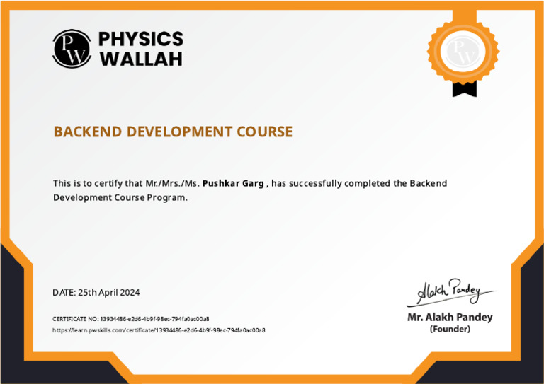 PW Backend Developer Certificate | PDF