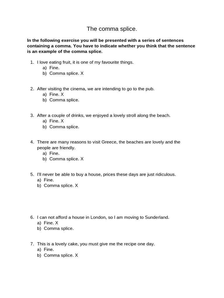 Understanding Comma Splices: Exercises | PDF