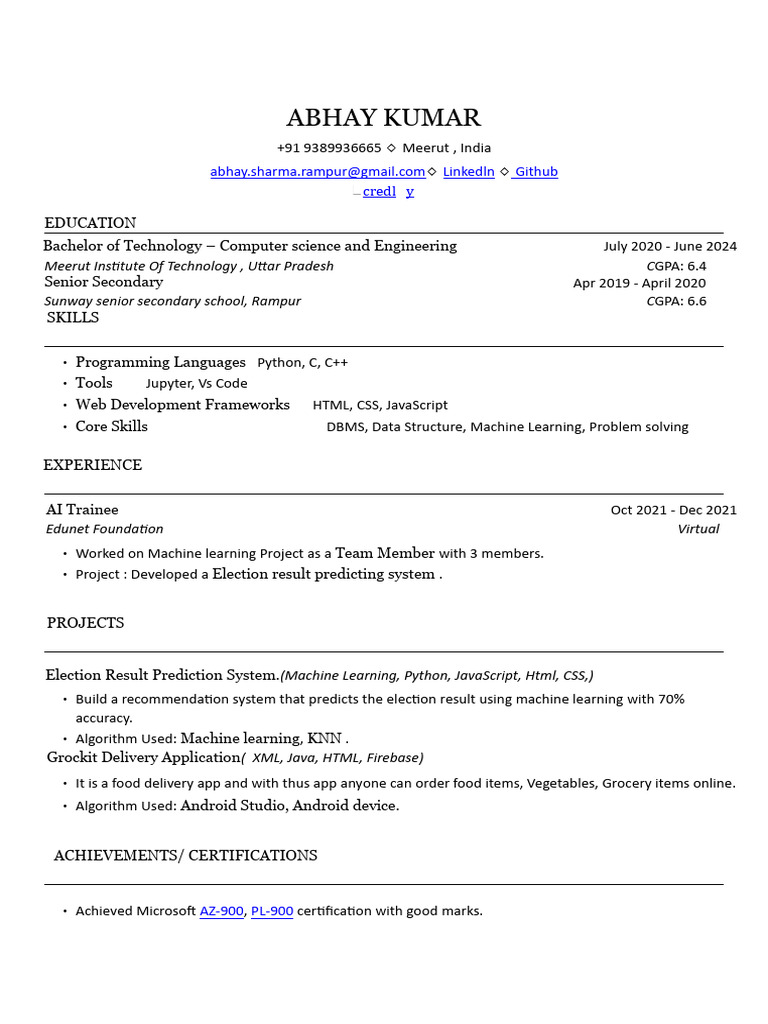 Abhay Kumar: B.Tech in Computer Science | PDF