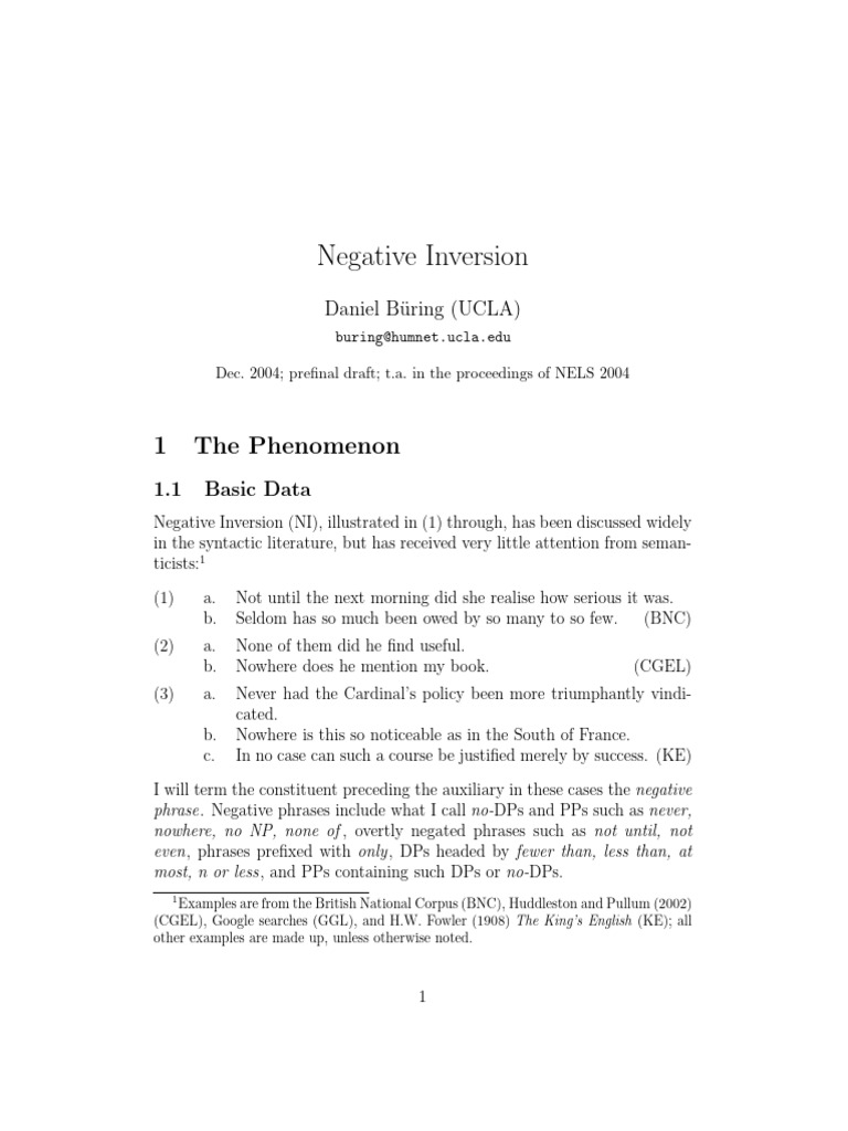 Understanding Negative Inversion in Syntax | PDF | Clause | Grammar