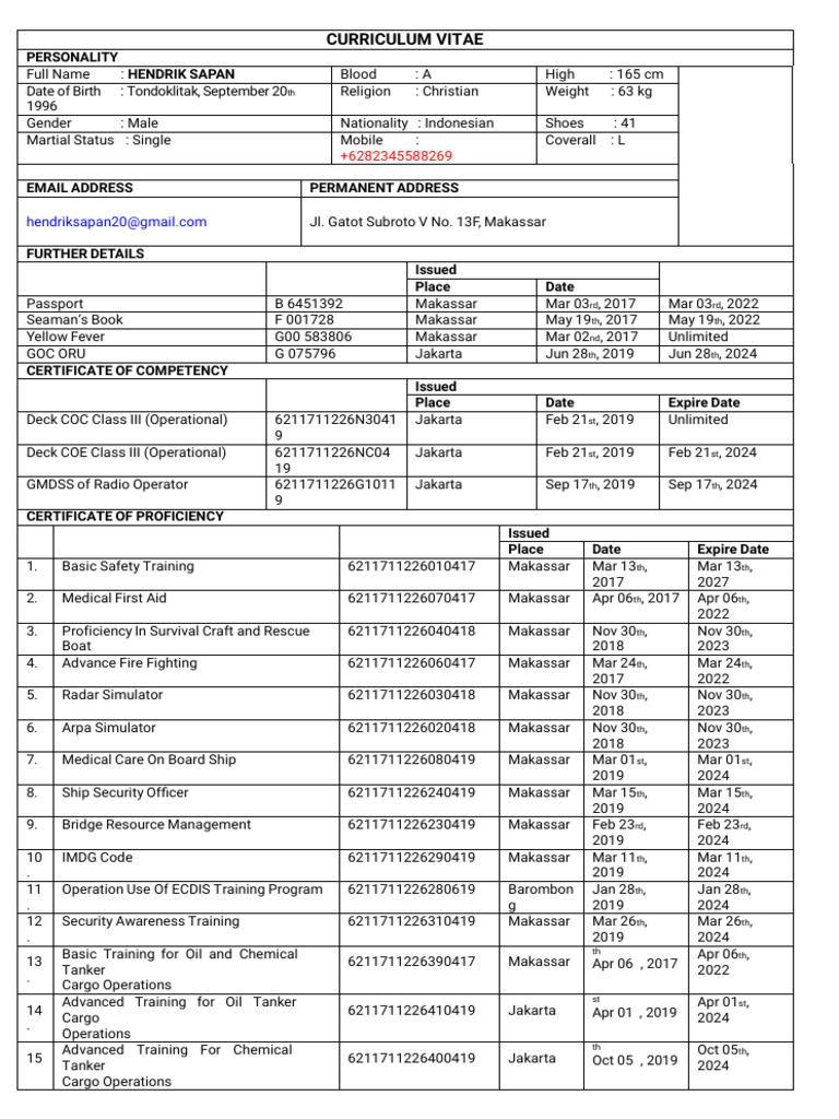 Hendrik Sapan's Professional CV | PDF | Shipping | Water Transport
