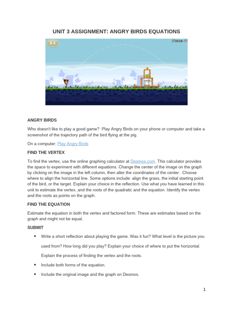 Integrated Math 2, Part 1 - Unit 3 Assignment - Angry Birds Equations | PDF | Quadratic Equation ...