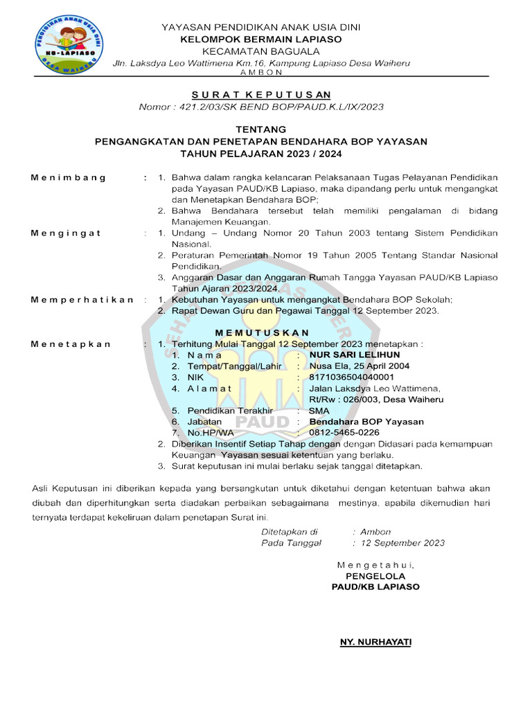 SK Bendahara Bop Paud 2023 | PDF