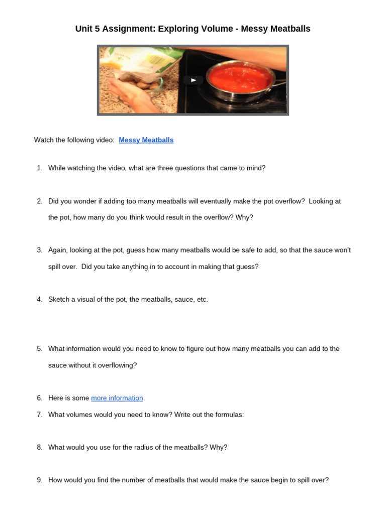 Integrated Math 2, Part 2 - Unit 5 Assignment - Exploring Volume - Messy Meatballs | PDF
