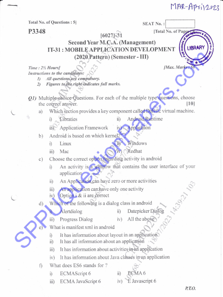 Postgraduate PG Master Computer Applications Mca Semester 3 2023 May Mobile Application ...